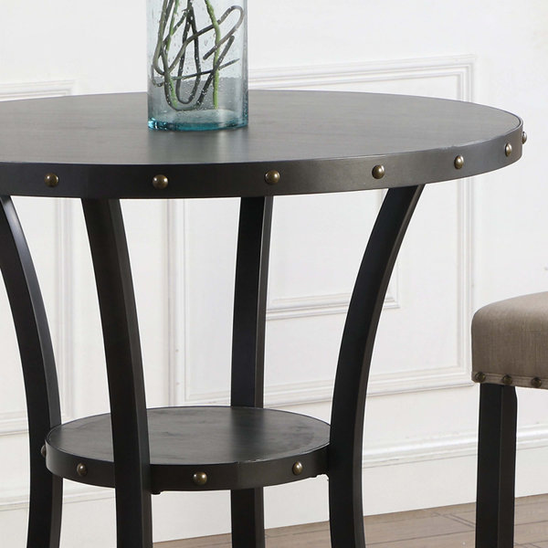 Lark Manor™ Biony 3-Piece 36" Round Espresso Finish Bar Table with 2 Fabric Nail Head Pub Chairs ...